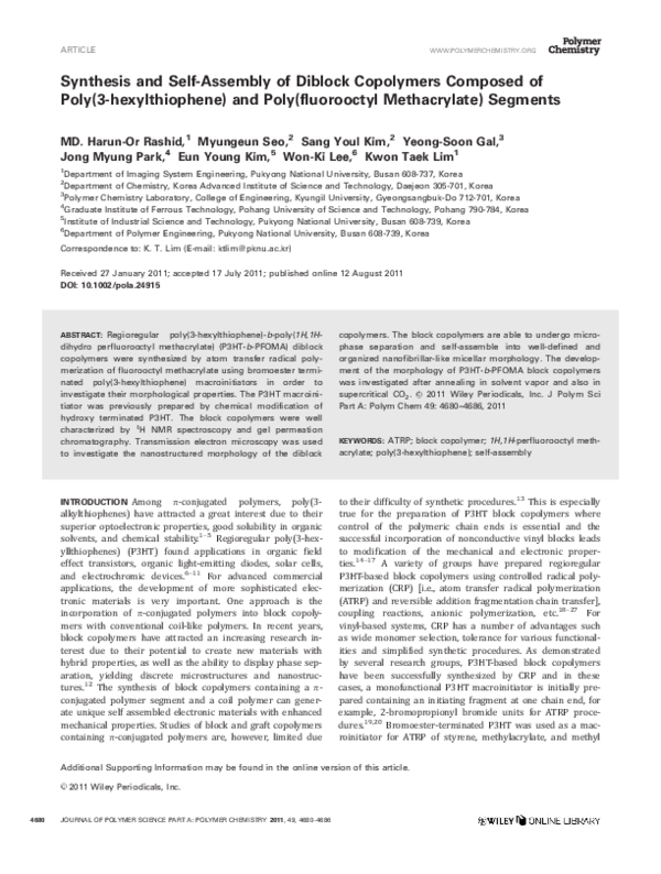 (PDF) Synthesis and self-assembly of diblock copolymers composed of poly(3-hexylthiophene) and ...