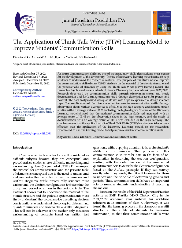 (PDF) Application of Think Talk Write (TTW) Learning Model to Improve ...