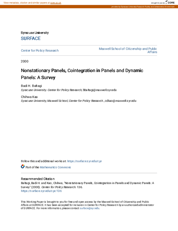 (PDF) Nonstationary panels, cointegration in panels and dynamic panels: A survey