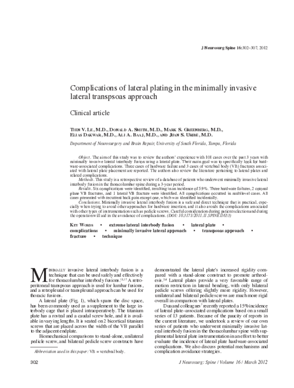 Pdf Complications Of Lateral Plating In The Minimally Invasive Lateral Transpsoas Approach