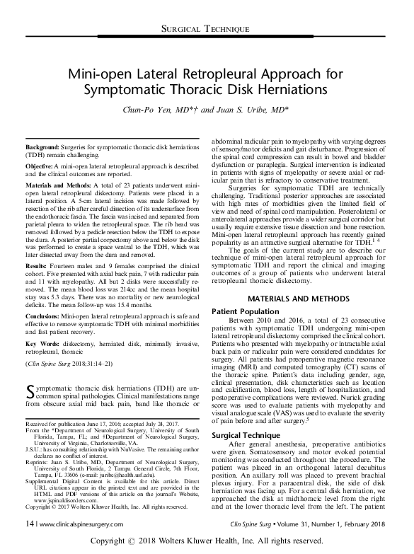 (PDF) Mini-open Lateral Retropleural Approach for Symptomatic Thoracic ...