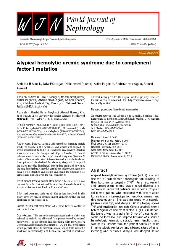 (PDF) Atypical hemolytic-uremic syndrome due to complement factor I mutation | Ahmed Alsaeed ...