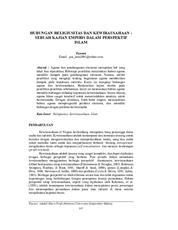 (PDF) Hubungan Religiusitas Dan Kewirausahaan : Sebuah Kajian Empiris ...
