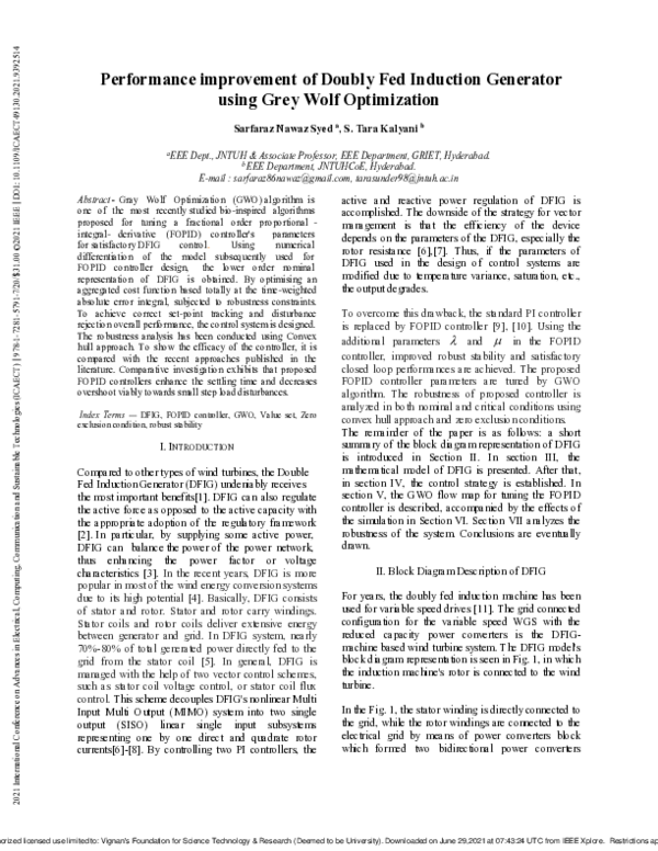 (PDF) Performance improvement of Doubly Fed Induction Generator using Grey Wolf Optimization