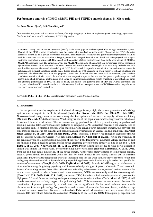 (PDF) Performance analysis of DFIG with PI, PID and FOPID control ...