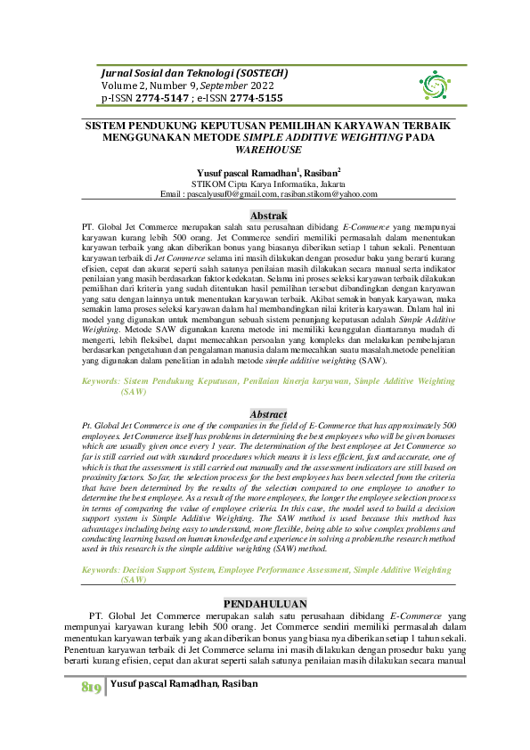(PDF) Sistem Pendukung Keputusan Pemilihan Karyawan Terbaik Menggunakan Metode Simple Additive ...