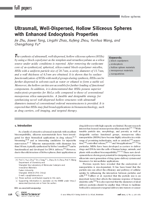 (PDF) Ultrasmall, Well-Dispersed, Hollow Siliceous Spheres with ...