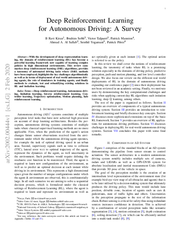 (PDF) Deep Reinforcement Learning for Autonomous Driving: A Survey