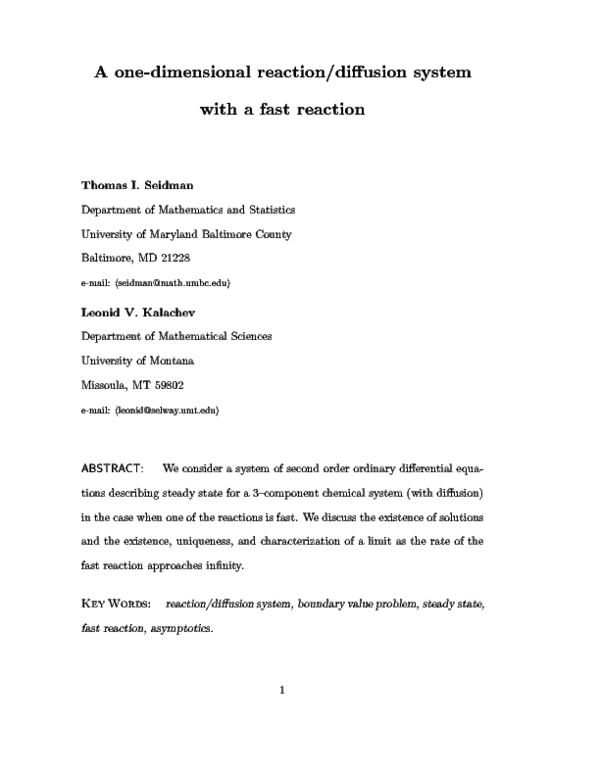 (PDF) A One-Dimensional Reaction/Diffusion System with a Fast Reaction