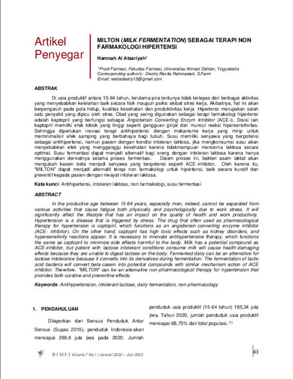 (PDF) Milton (Milk Fermentation) Sebagai Terapi Non Farmakologi Hipertensi