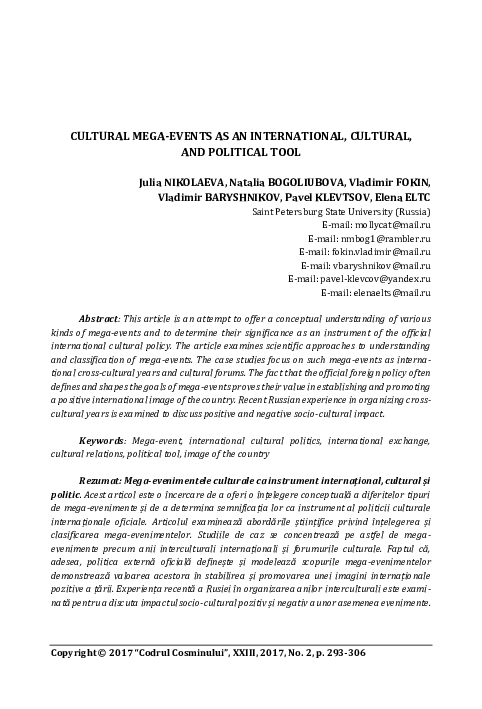 (PDF) Cultural Mega-Events as an International, Cultural, and Political ...