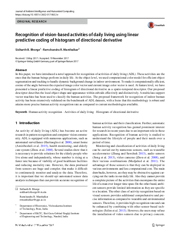 Pdf Recognition Of Vision Based Activities Of Daily Living Using Linear Predictive Coding Of
