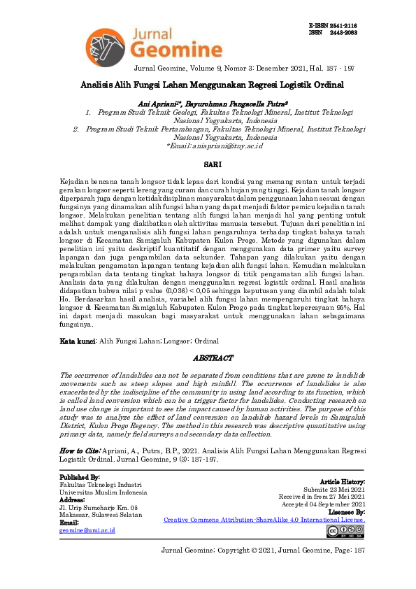 (PDF) Analisis Alih Fungsi Lahan Menggunakan Regresi Logistik Ordinal (PDF) Analisis Alih Fungsi Lahan Menggunakan Regresi Logistik Ordinal