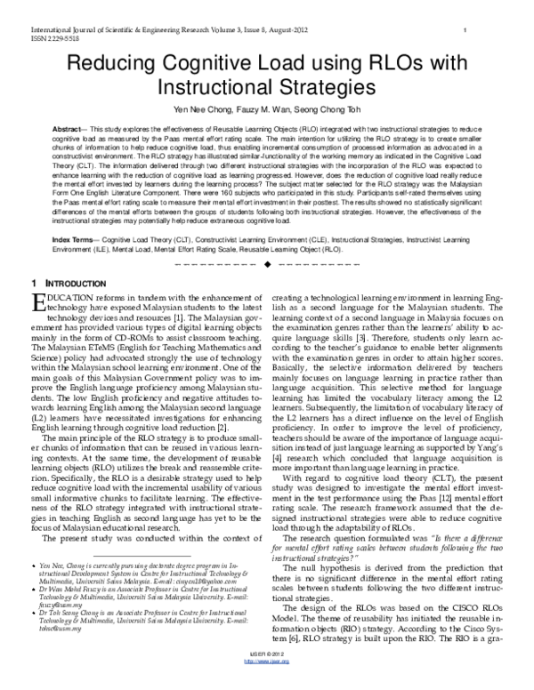 (PDF) Reducing Cognitive Load using RLOs with Instructional Strategies