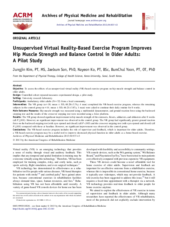 Pdf Unsupervised Virtual Reality Based Exercise Program Improves Hip