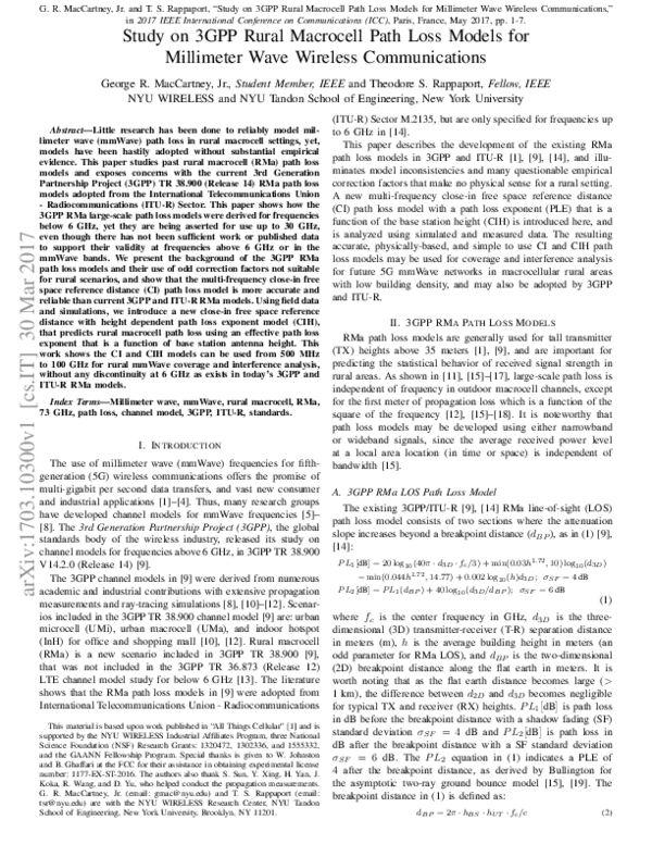(PDF) Study on 3GPP rural macrocell path loss models for millimeter ...