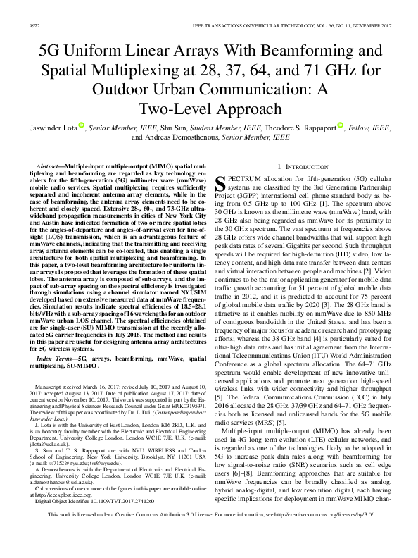 (PDF) 5G Uniform Linear Arrays With Beamforming and Spatial Multiplexing at 28, 37, 64, and 71 ...