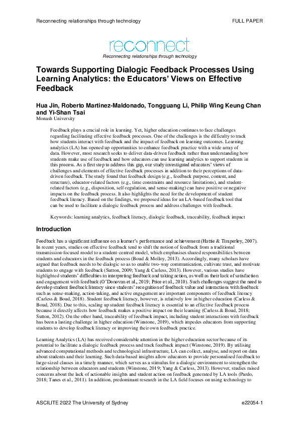 (PDF) Towards Supporting Dialogic Feedback Processes Using Learning Analytics: the Educators ...