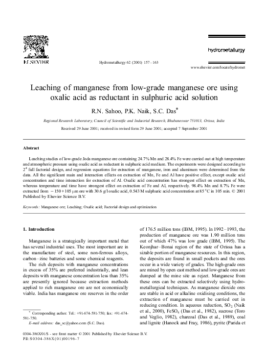 (PDF) Leaching of manganese from low-grade manganese ore using oxalic acid as reductant in ...
