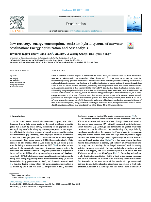 (PDF) Low-recovery, -energy-consumption, -emission hybrid systems of seawater desalination ...