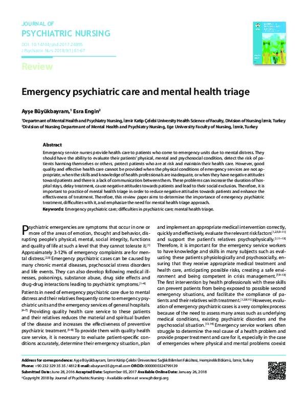(PDF) Emergency psychiatric care and mental health triage | ayse ...