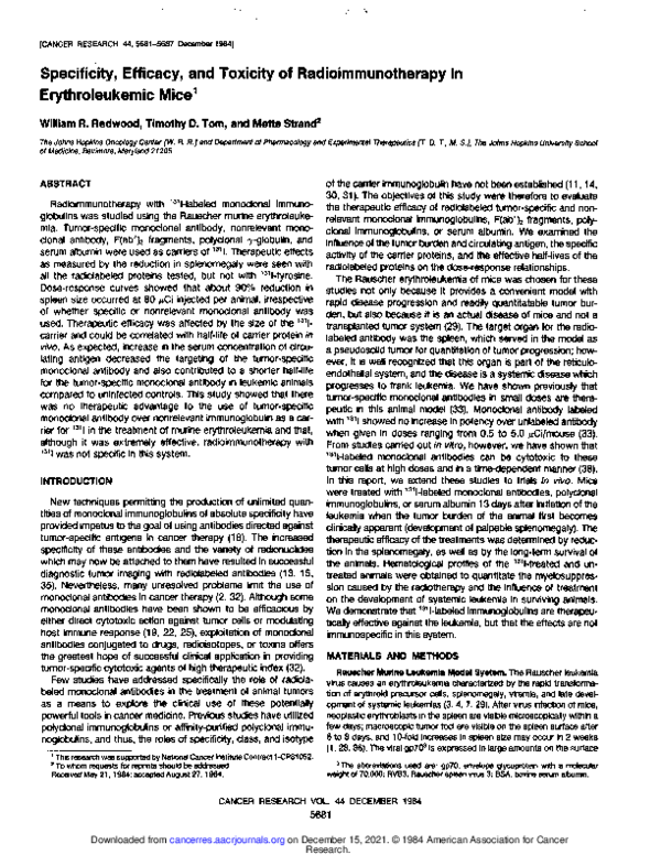(PDF) Specificity, efficacy, and toxicity of radioimmunotherapy in ...