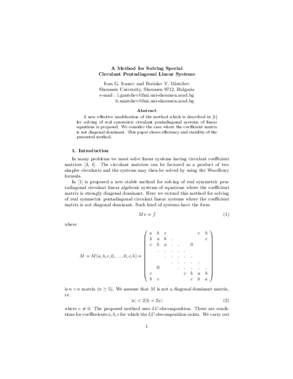 (PDF) A method for solving special circulant pentadiagonal linear system
