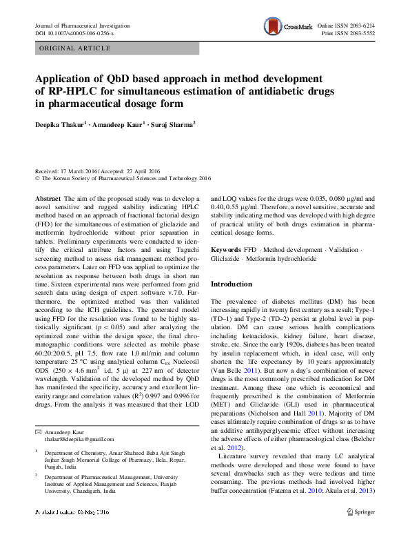 (PDF) Application of QbD based approach in method development of RP-HPLC for simultaneous ...