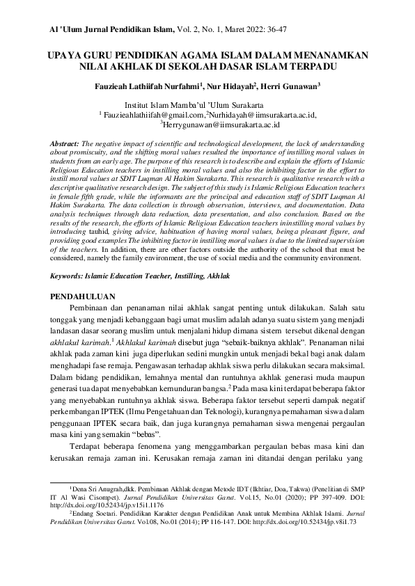 (PDF) Upaya Guru Pendidikan Agama Islam Dalam Menanamkan Nilai Akhlak DI Sekolah Dasar Islam Terpadu