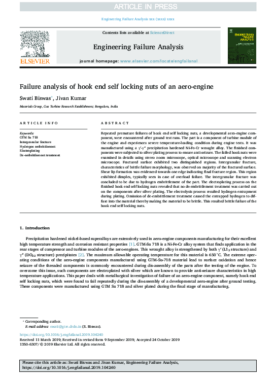 (PDF) Failure analysis of hook end self locking nuts of an aero-engine