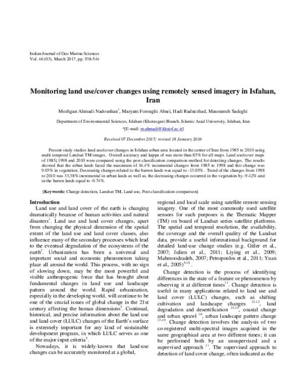 (PDF) Monitoring land use/cover changes using remotely sensed imagery in Isfahan, Iran