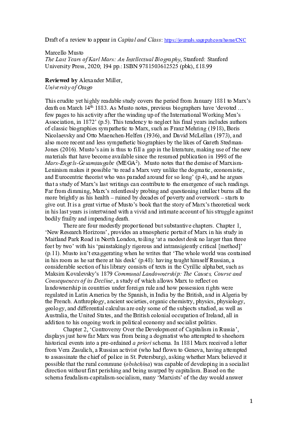 (PDF) Review of Marcello Musto: The Last Days of Karl Marx
