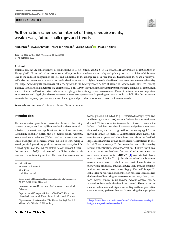 (PDF) Authorization schemes for internet of things: requirements, weaknesses, future challenges ...