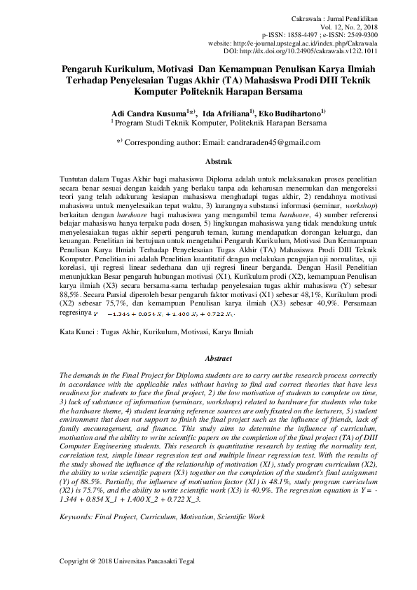 (PDF) Pengaruh Kurikulum, Motivasi Dan Kemampuan Penulisan Karya Ilmiah Terhadap Penyelesaian ...