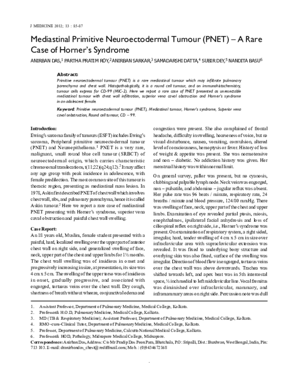 Pdf Mediastinal Primitive Neuroectodermal Tumour Pnet A Rare Case