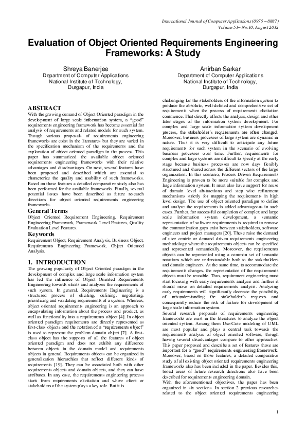 Pdf Evaluation Of Object Oriented Requirements Engineering Frameworks