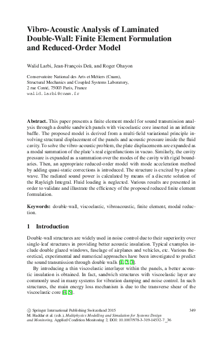 Pdf Vibro Acoustic Analysis Of Laminated Double Wall Finite Element Formulation And Reduced