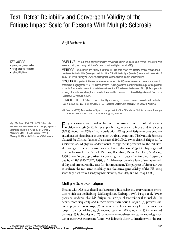 (PDF) Test–Retest Reliability and Convergent Validity of the Fatigue ...