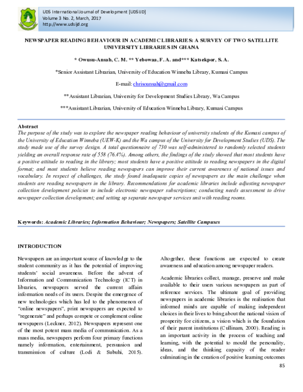 (PDF) Newspaper Reading Behaviour in Academic Libraries: A Survey of ...