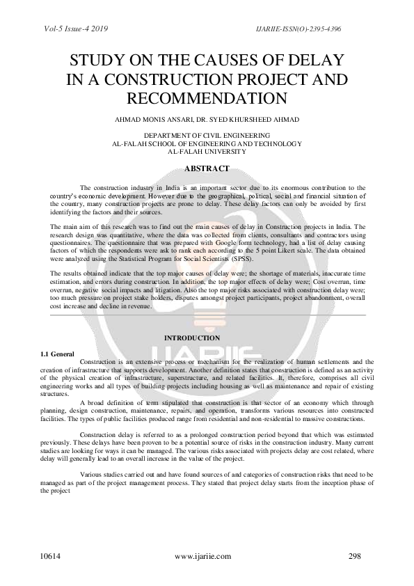 (PDF) Study on the Causes of Delay in a Construction Project and Recommendation
