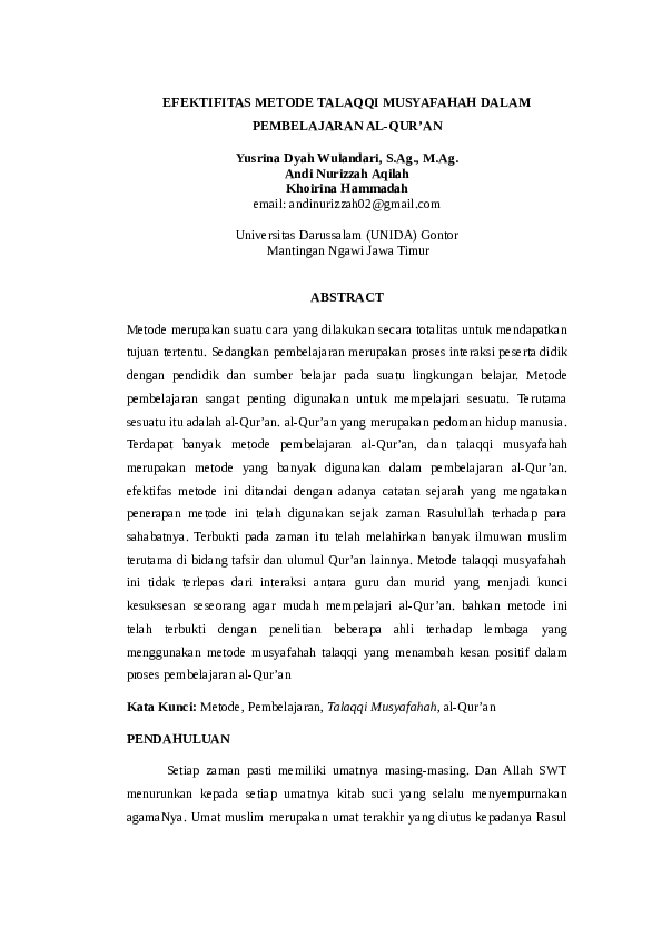 (PDF) EFEKTIFITAS METODE TALAQQI MUSYAFAHAH DALAM PEMBELAJARAN AL-QUR'AN