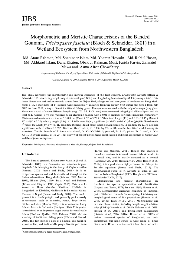 (PDF) Morphometric and Meristic Characteristics of the Banded Gourami, Trichogaster fasciata ...