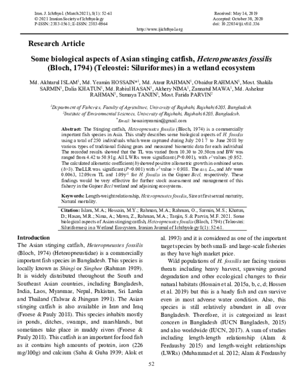(PDF) Some biological aspects of Asian stinging catfish, Heteropneustes ...