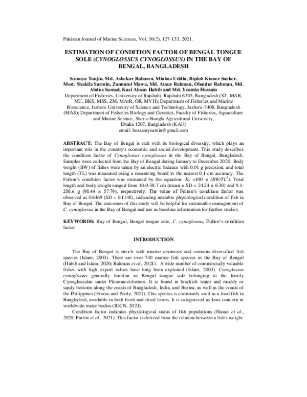 (PDF) ESTIMATION OF CONDITION FACTOR OF BENGAL TONGUE SOLE (CYNOGLOSSUS ...