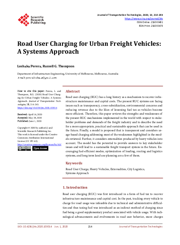 (PDF) Road User Charging for Urban Freight Vehicles: A Systems Approach