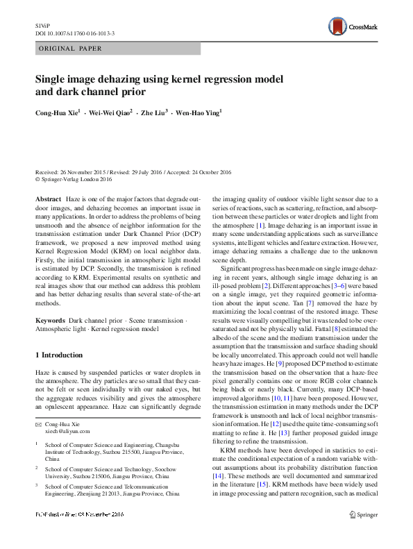 (PDF) Single image dehazing using kernel regression model and dark channel prior