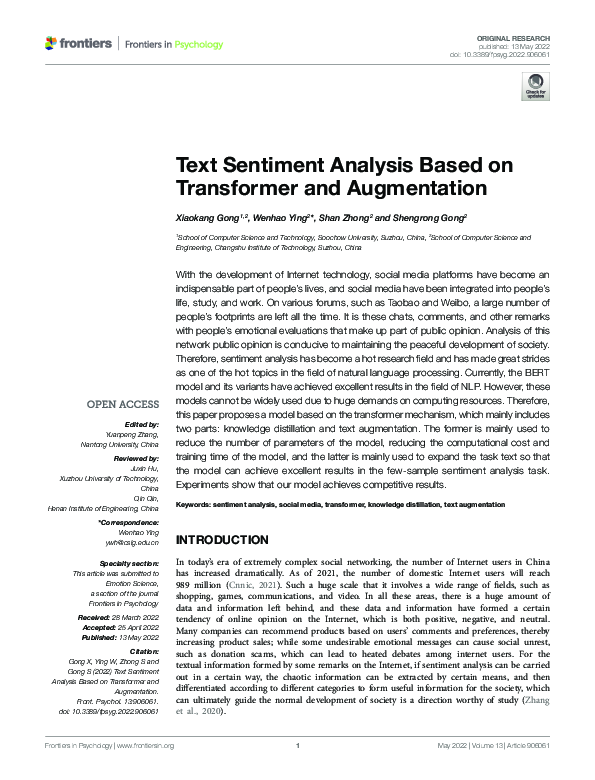 (PDF) Text Sentiment Analysis Based on Transformer and Augmentation