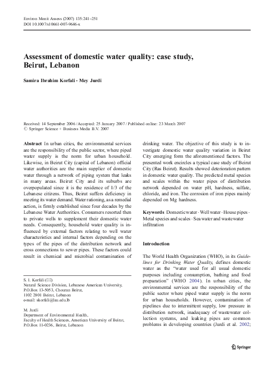 (PDF) Assessment of domestic water quality: case study, Beirut, Lebanon
