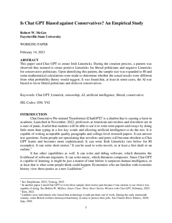 (PDF) Is Chat GPT Biased against Conservatives? An Empirical Study