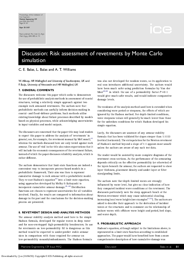 (PDF) Discussion: Risk assessment of revetments by Monte Carlo simulation